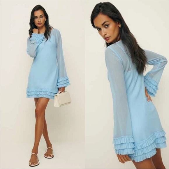 NEW NWT Reformation Avalina Blue Ruffle Mini Dress